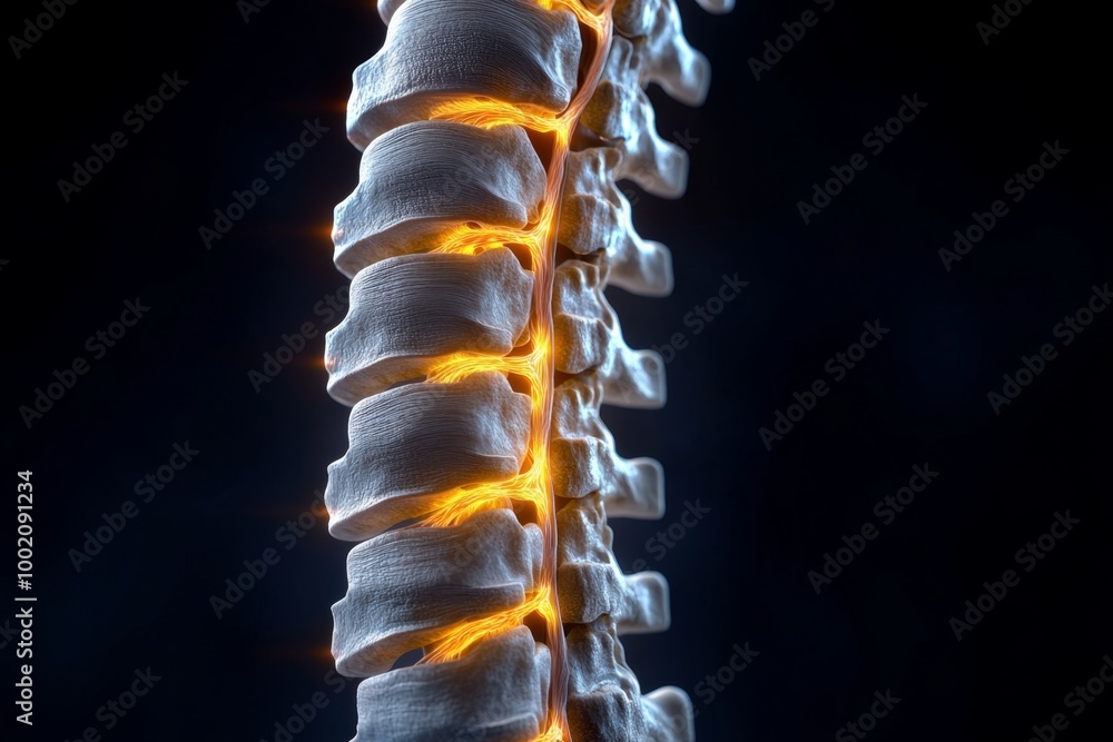 Hyper-realistic depiction of the spine and spinal cord, showing ...