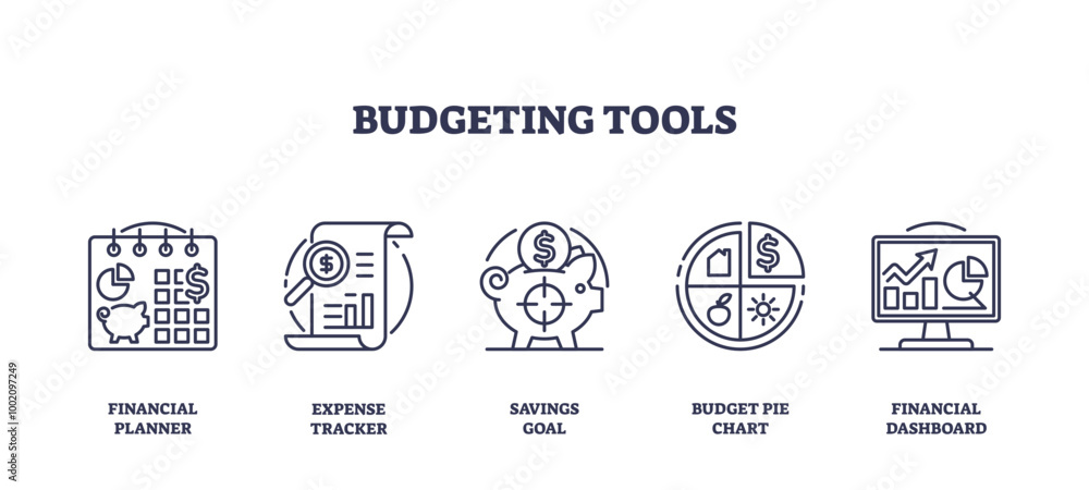 Outline icons set of budgeting tools including financial planner ...