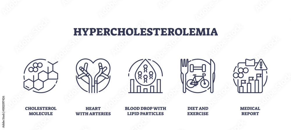 Outline icons set depicting cholesterol molecule, heart with arteries ...