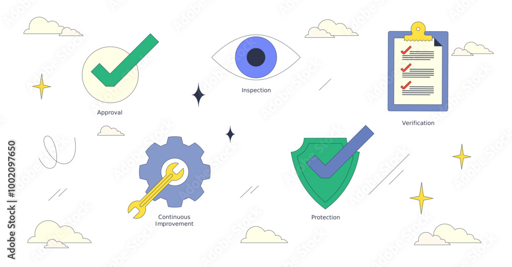 Icons of approval, inspection, and verification in a neubrutalism style ...