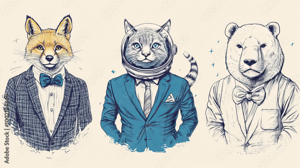 A fox and rhino wearing suits, a cat in a spacesuit, a lion and a polar ...