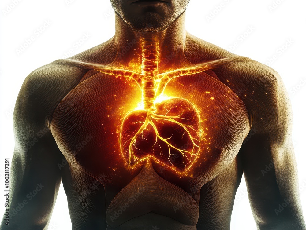 Detailed chest anatomy with pulsating organ pain, glowing heart and ...