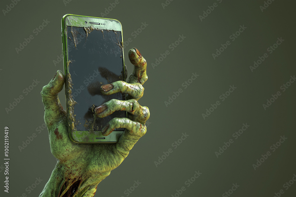 zombie hand gripping a broken smartphone, set against a solid ...
