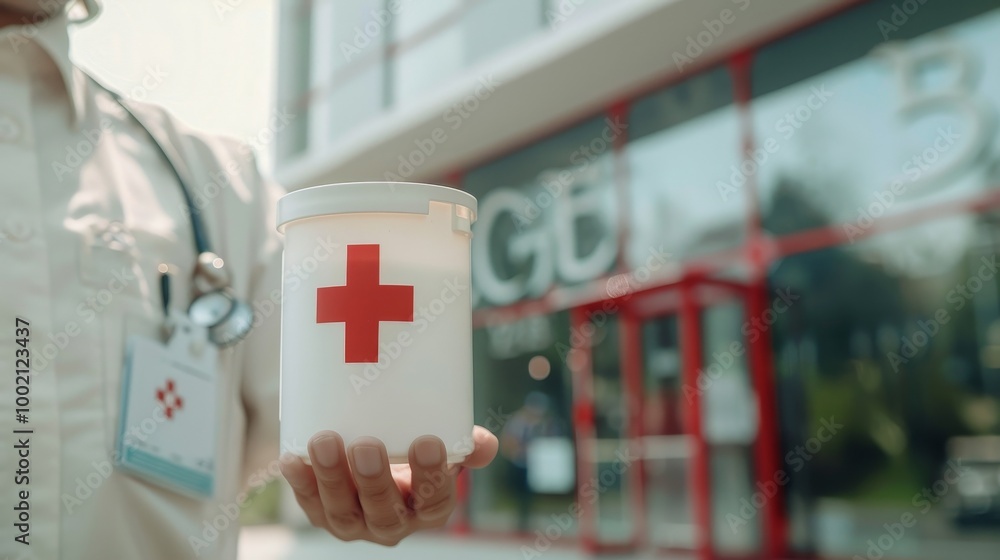 Medical delivery person in uniform holding prescription drug package ...