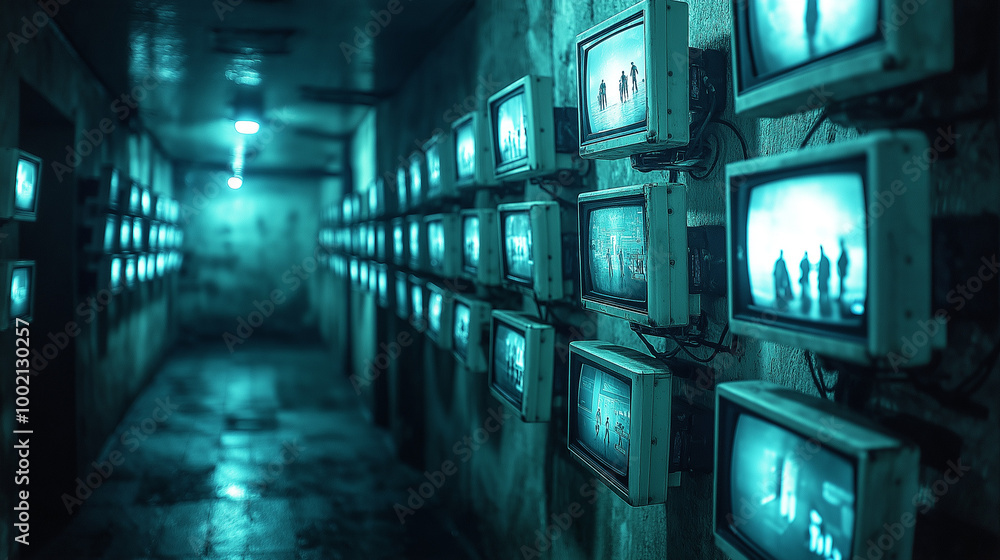 Surveillance Camera CCTV Footage, Multiple Screens Show Inside Building ...