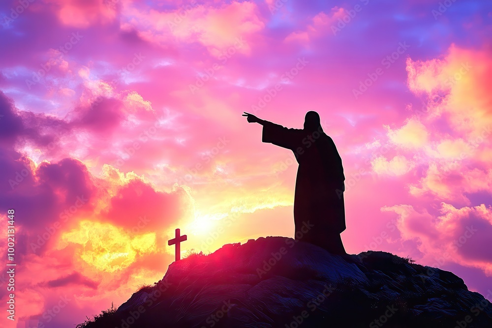 Jesus christ standing with open arms and a golden cross above him Stock ...