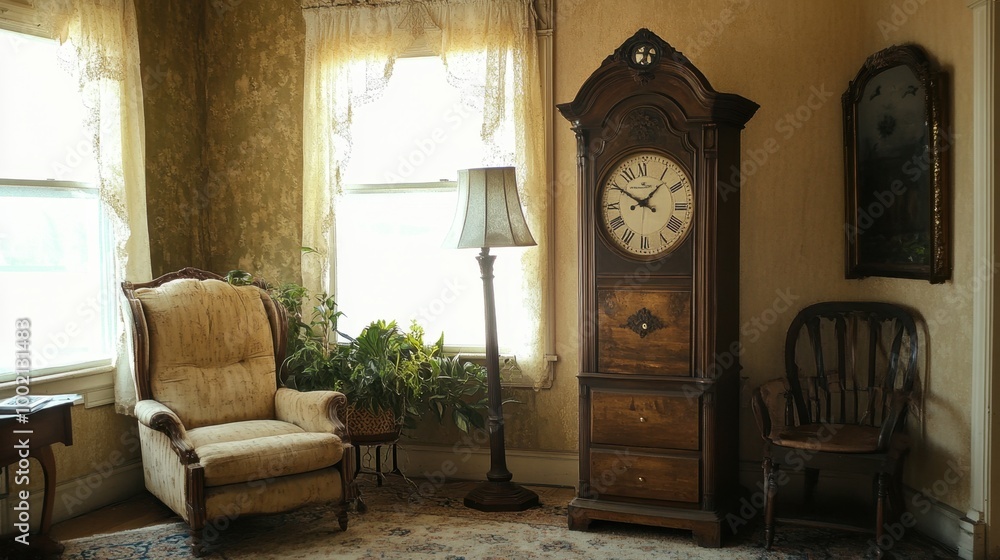 A weathered, ornate grandfather clock standing tall in the corner of a ...
