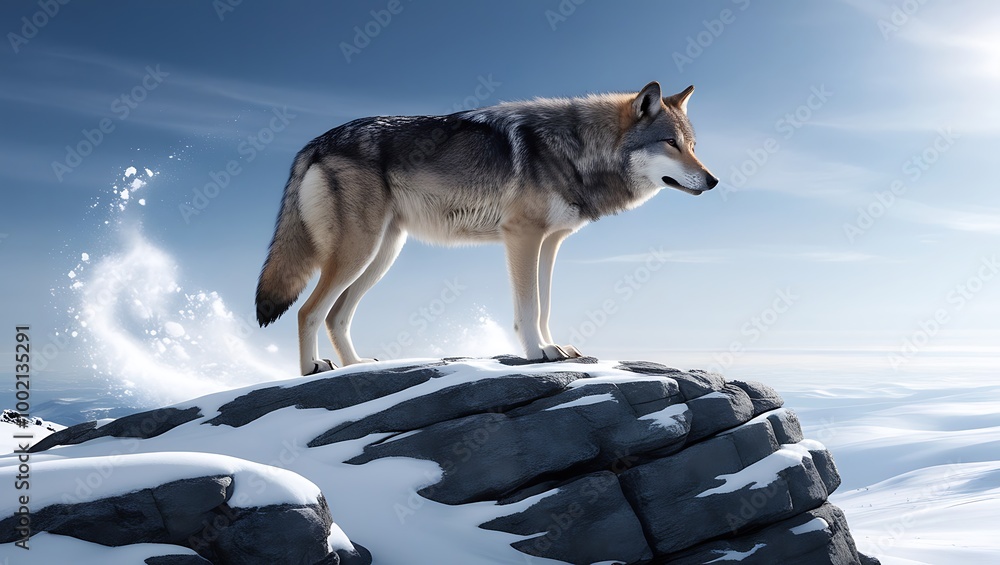This breathtaking image captures a lone wolf standing majestically on a ...