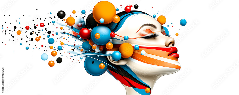 A woman's face is painted with a variety of colors and shapes ...