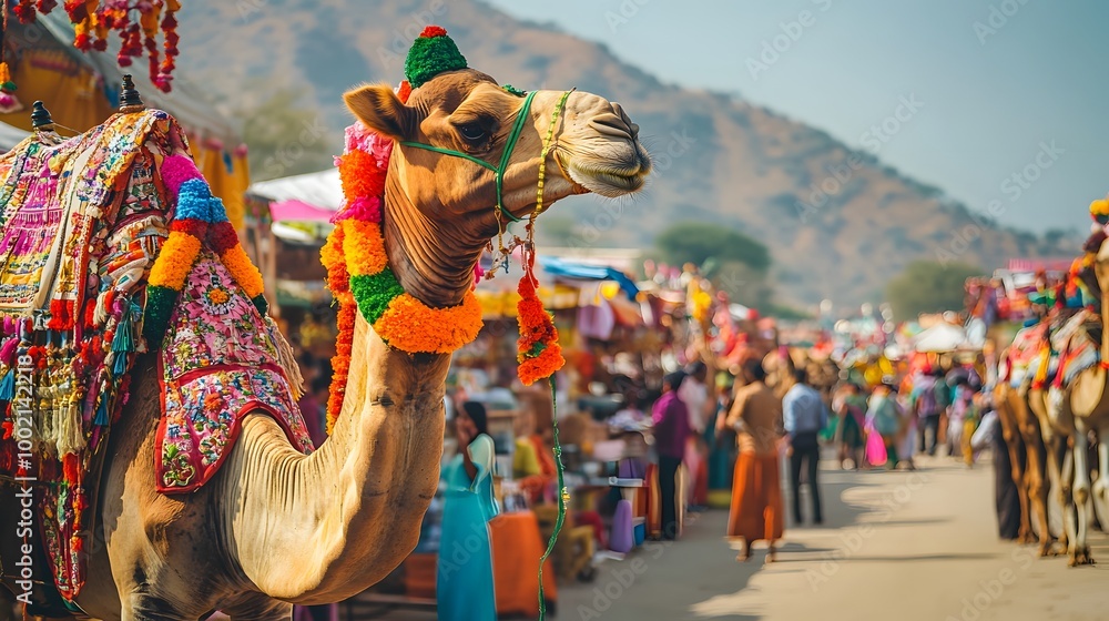 ภาพประกอบสต็อก The vibrant Pushkar Camel Fair with decorated camels and ...