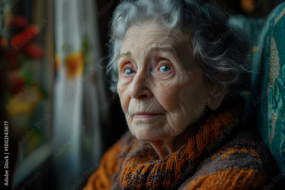 close up portrait senior elderly very old sad woman feeling lonely at ...