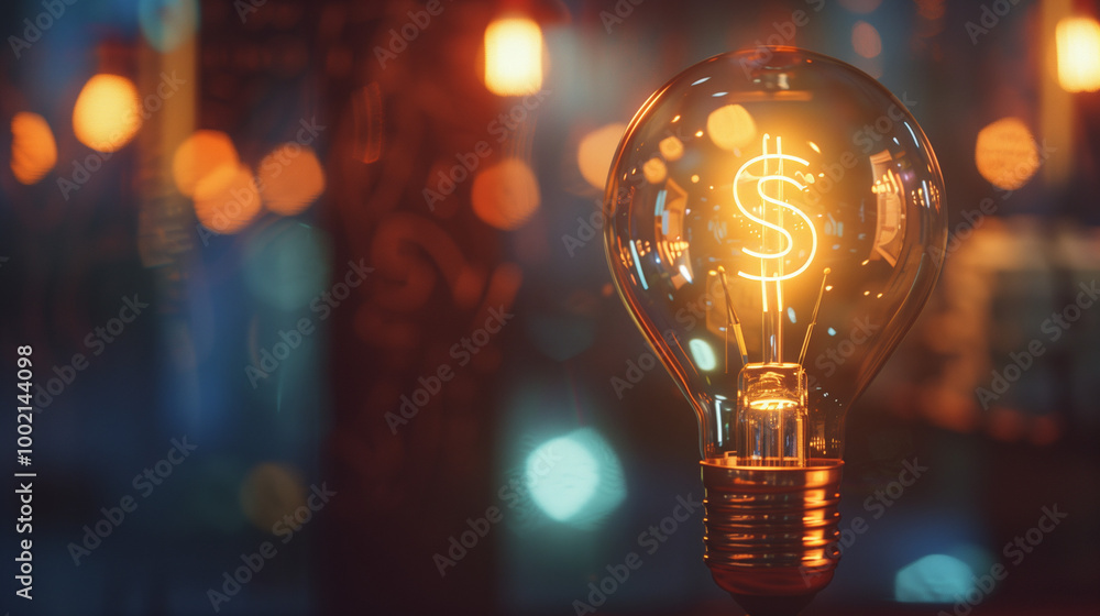 Illuminated light bulb with dollar sign filament in urban night setting ...