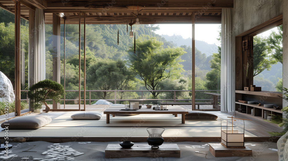 Rustic dining area with Japanese-style wood and stone feel furniture, a ...