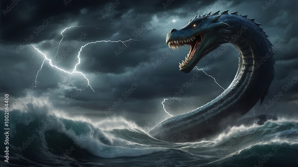 A massive sea serpent emerging from the stormy ocean waves, lightning ...