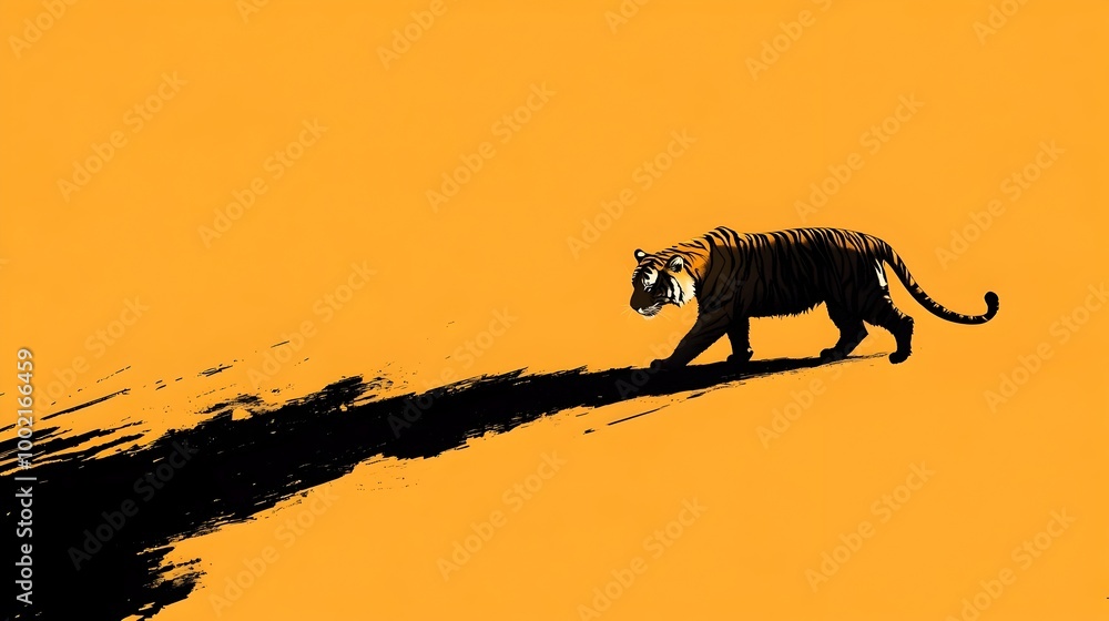 A lone tiger stalking through the shadows of the dense jungle depicted ...