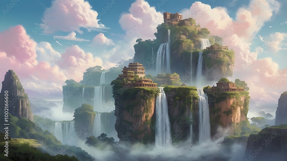 Giant floating islands with waterfalls cascading into the clouds, lush ...