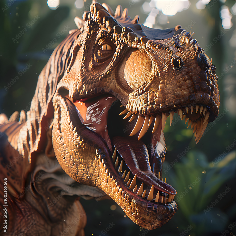 Tyrannosaurus rex roaring in a prehistoric jungle environment Stock ...