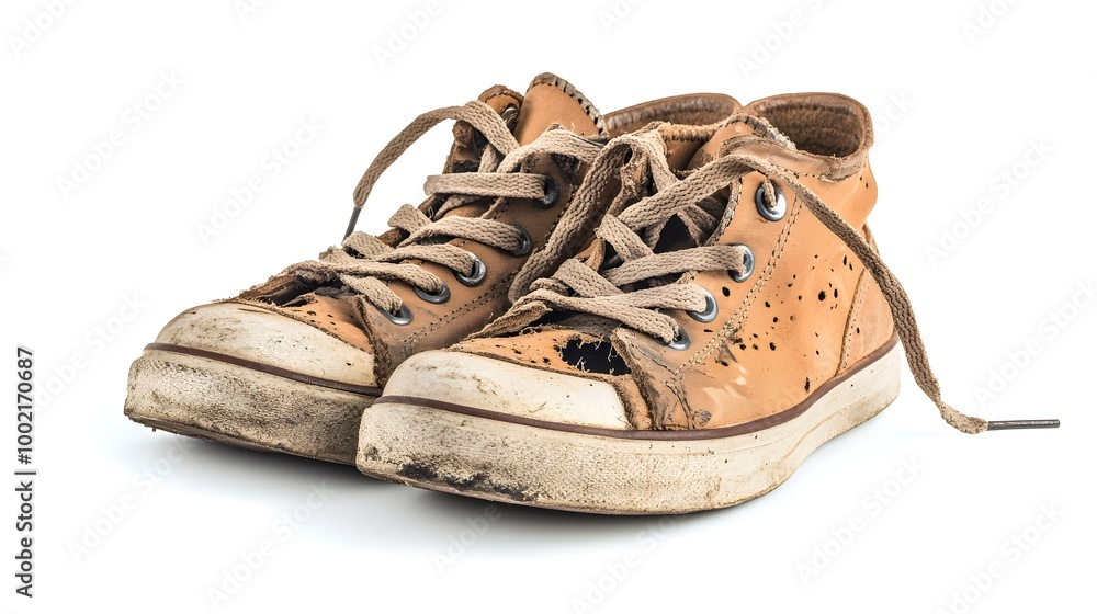 A worn and damaged pair of leather shoes with holes in the soles and ...