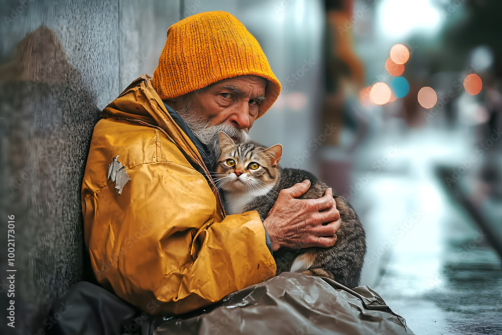 Homeless man on city street. Old sad man on cardboard in torn clothes ...