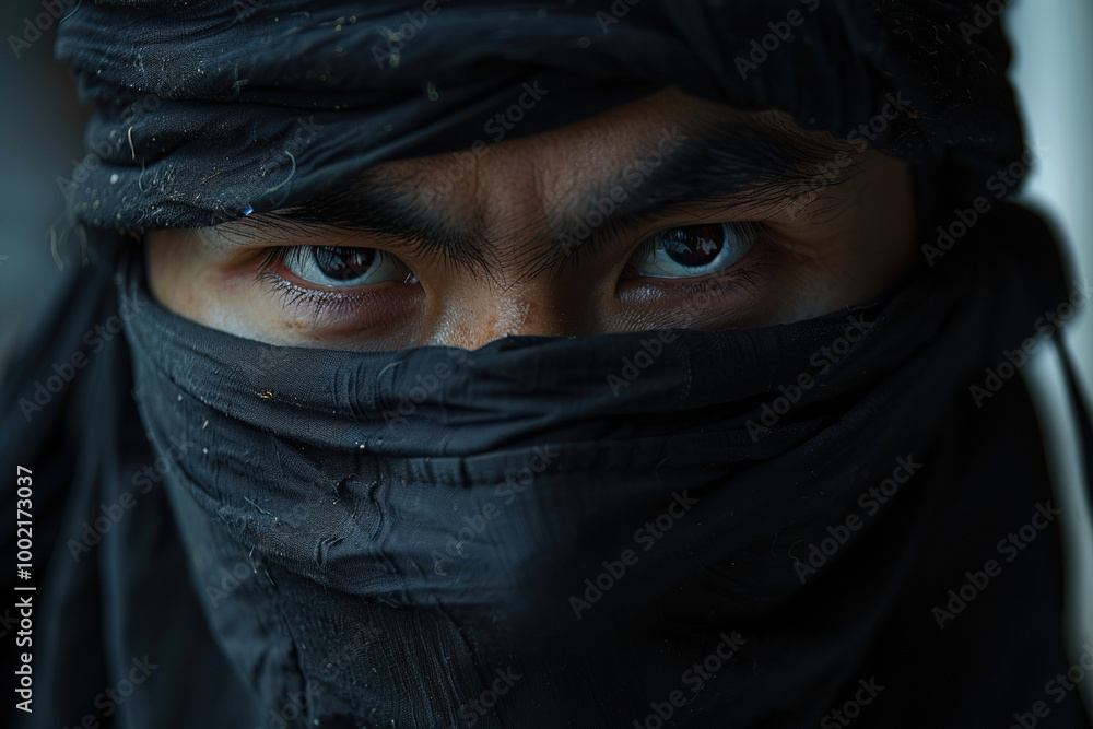 Japanese ninja warrior dressed in samurai clothes holding a sharp sword ...