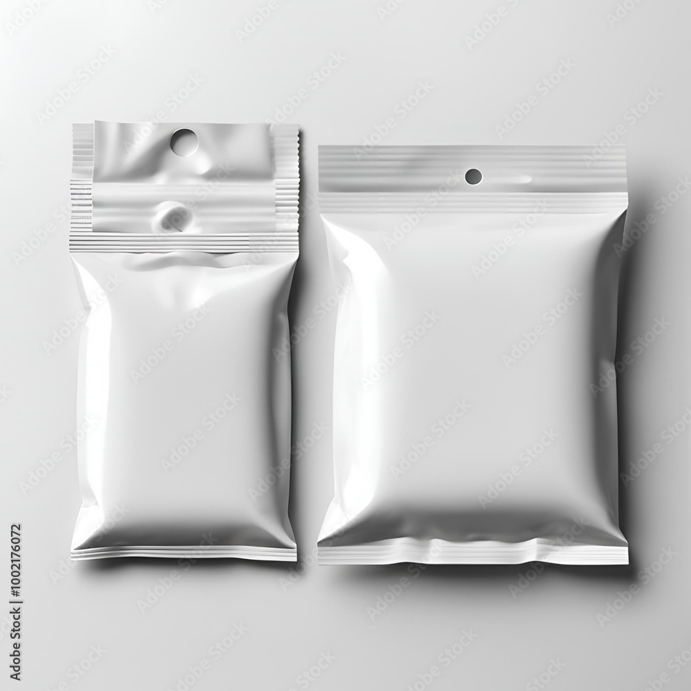 Two blank white packaging pouches of different sizes with sealed tops ...