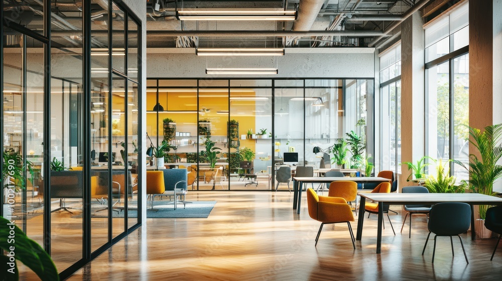 A modern coworking space with glass walls, communal tables, and a mix ...