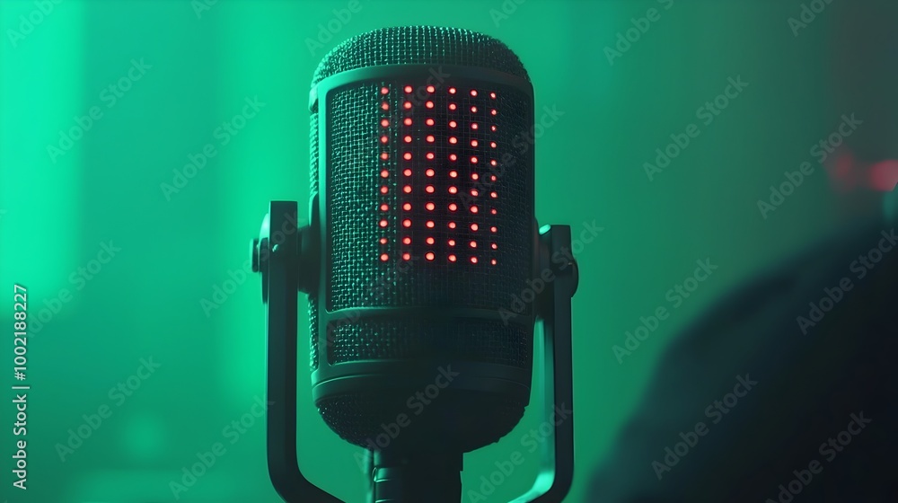 Closeup view of a professional microphone with tiny LED lights glowing ...