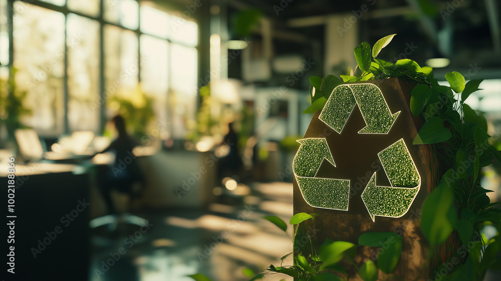 Green recycle symbol icon sign with professional environment background ...