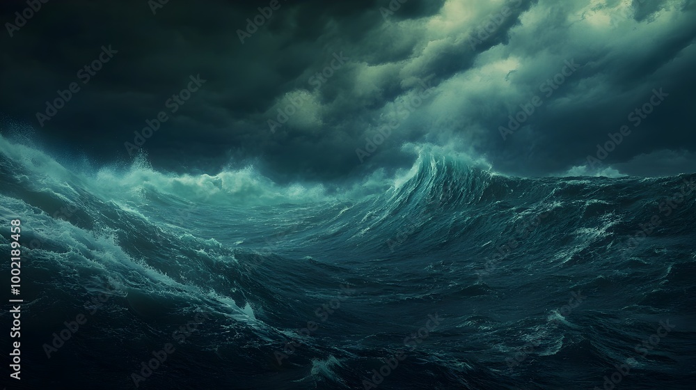 Colossal towering waves crashing violently against an invisible ...