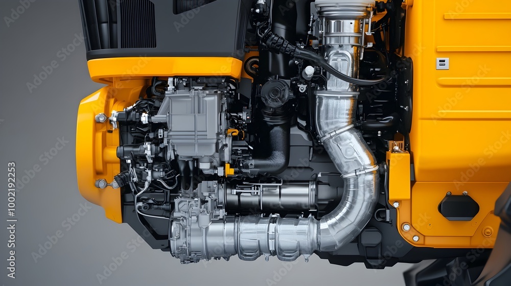 Detailed close up view showcasing the complex engine block and exhaust ...