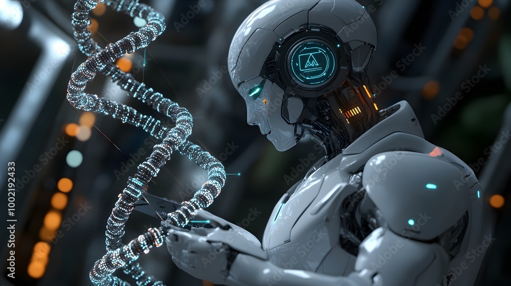 AI and the Future of Life: A futuristic robot with glowing blue eyes and a sleek white ...