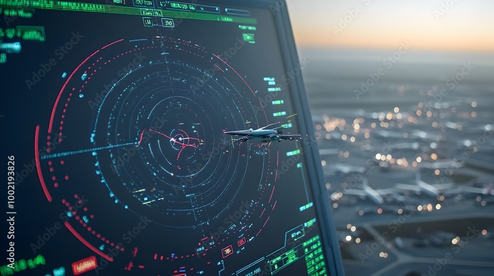 Detailed view of an airport air traffic control radar screen displaying ...