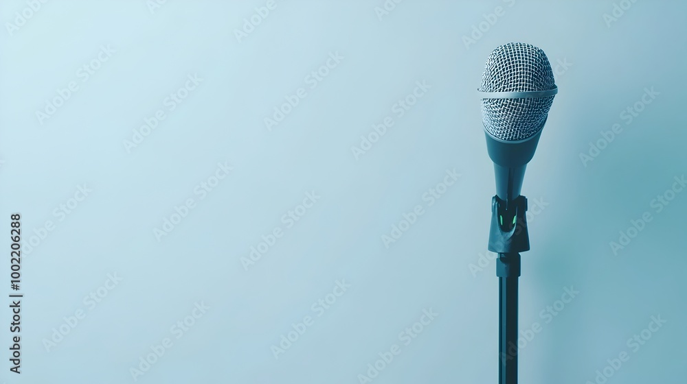 Minimalist microphone silhouette standing tall on a solid white ...