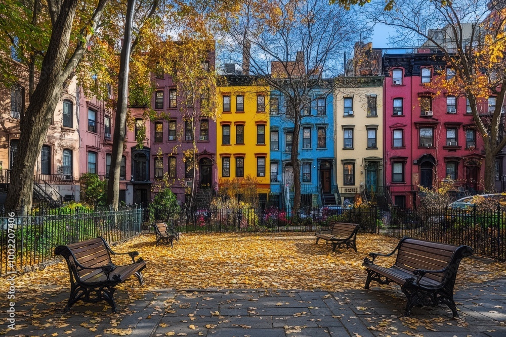 East Village. Tompkins Square Park with Colorful Buildings in New York ...