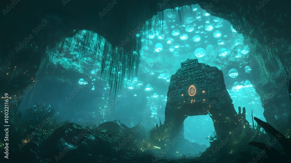 Surreal underwater cave in the Bermuda Triangle with glowing crystals ...