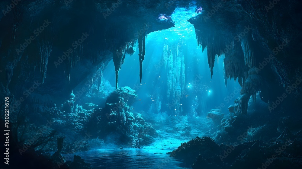 Surreal Underwater Cave in the Bermuda Triangle with Glowing Crystals and Ancient Carvings on ...