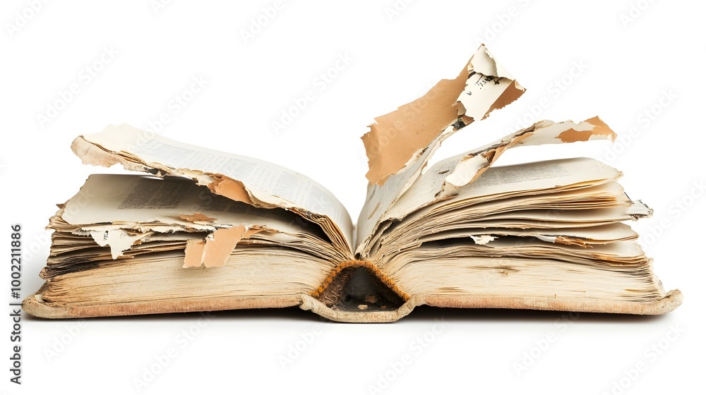 Tattered and Broken Antique Book with Loose Pages Isolated on a Crisp ...