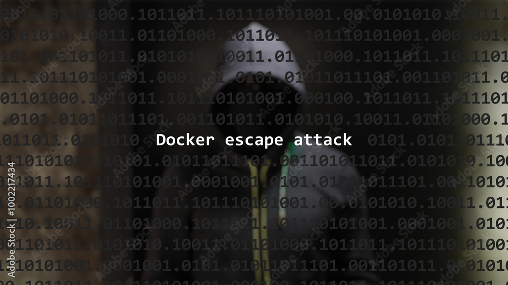 Cyber attack docker escape attack text in foreground screen, anonymous hacker hidden with hoodie ...
