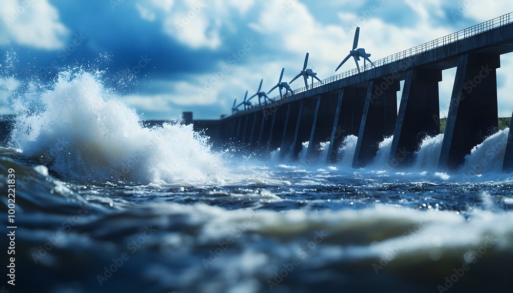 Massive hydroelectric dam with powerful water flow rushing through ...