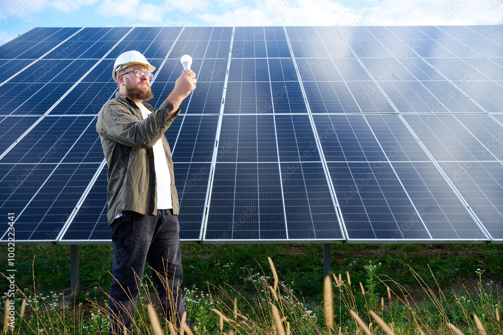 Engineer in uniform with protective helmet near solar station holding ...