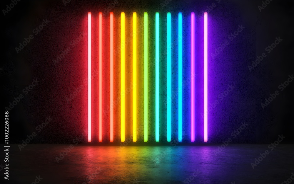 Vertical neon light bars in a full rainbow spectrum, glowing brightly ...