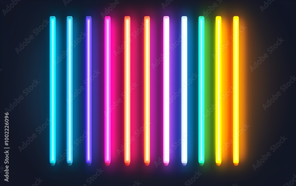 Vertical neon light bars in a full rainbow spectrum, glowing brightly ...