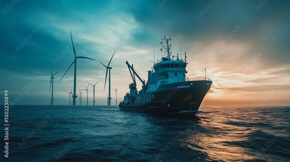 A ship installing offshore wind turbines to showcase maritime renewable ...