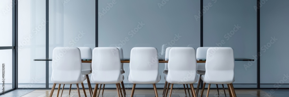 A modern, minimalistic conference room featuring white chairs and a ...