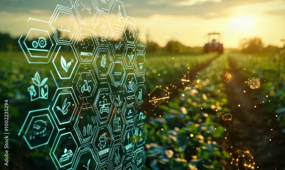 Hexagonal pattern with agricultural icons set against a field during ...