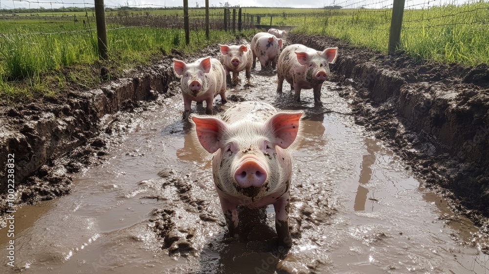 Young pigs enjoying a mud bath in their designated play area at the ...