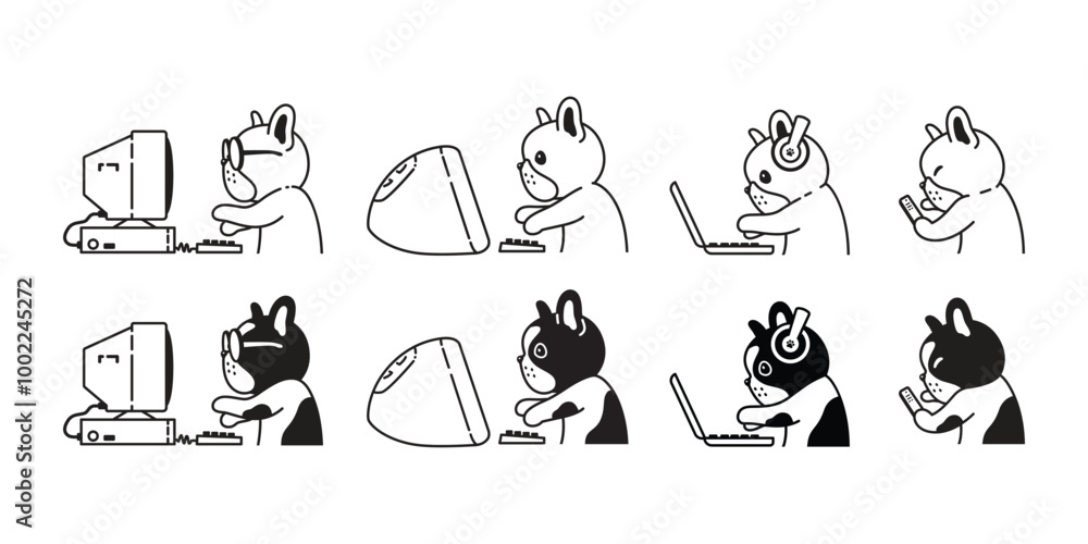 dog vector french bulldog working computer labtop smart phone icon ...