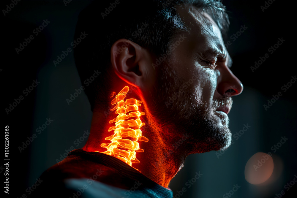 3D render of a man's neck, emphasizing sciatic pain in the cervical ...