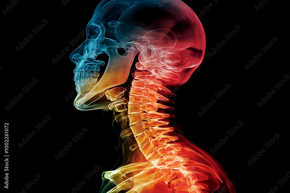 Multicolored x-ray illustration of a human skull and spine, showcasing ...