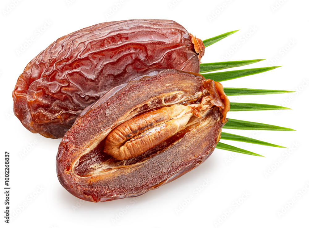 Semi-dried date and date fruit cut in half isolated on white background ...